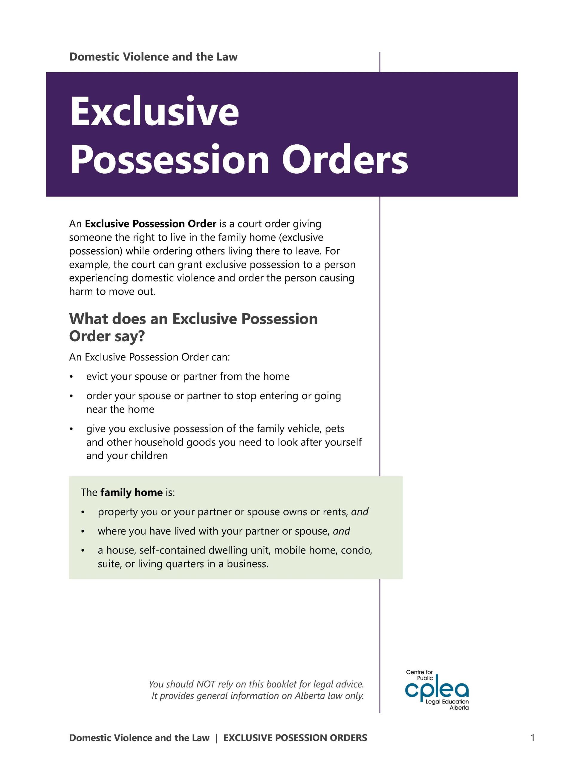 Exclusive Possession Orders - CPLEA.CA